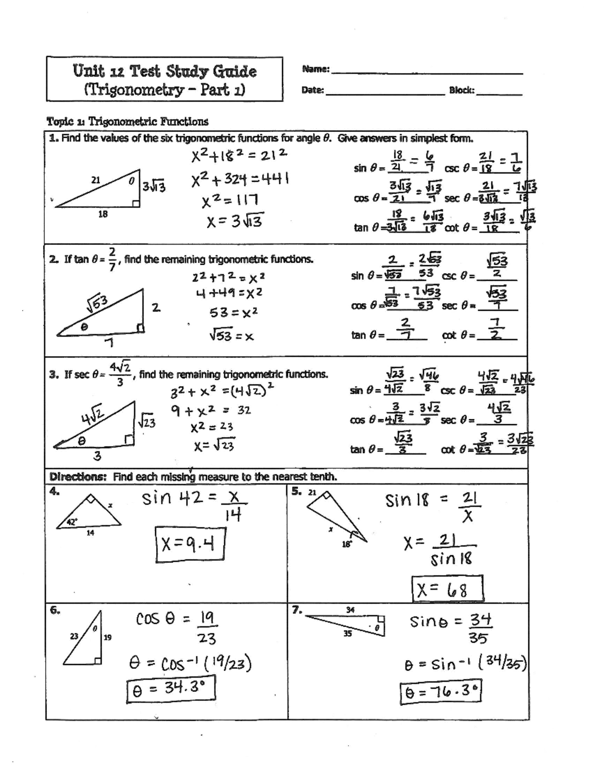 Unit 12 Trig Functions Study Guide - Answer Key for CSC 21 - Studocu