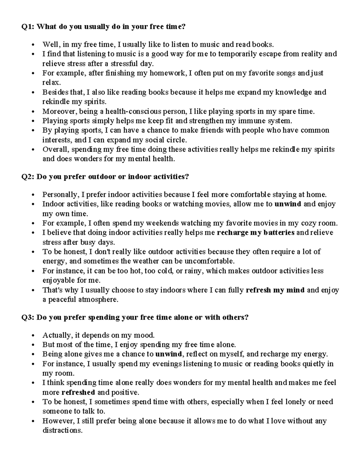 Speaking Topic Q&A: Free Time Activities & Preferences (40) - Studocu