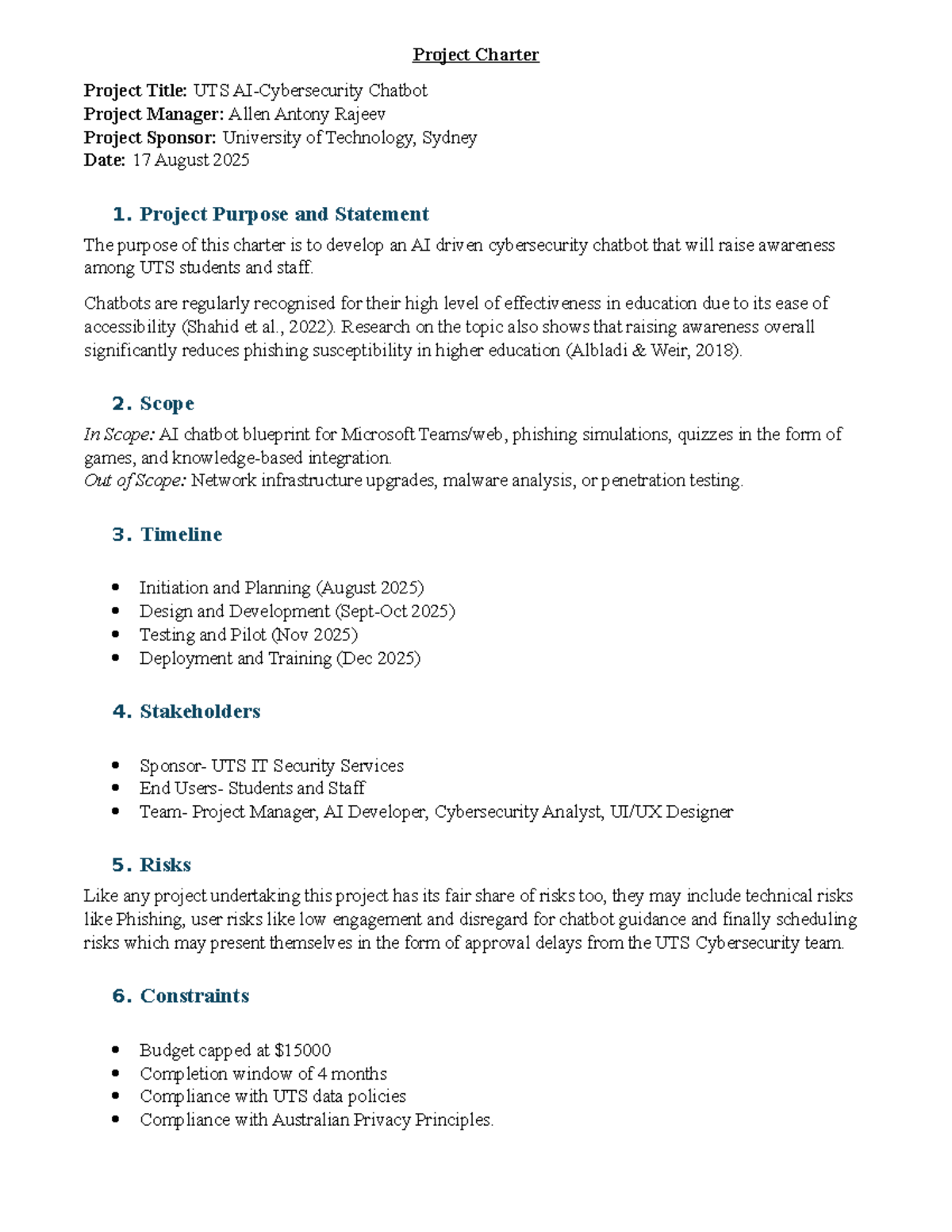 Project Charter: UTS Chatbot Development A1C 25747243 - Studocu