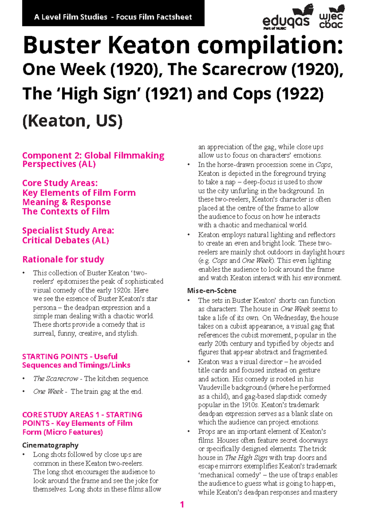 A Level Film Studies Focus Film Factsheet: Buster Keaton's Iconic ...