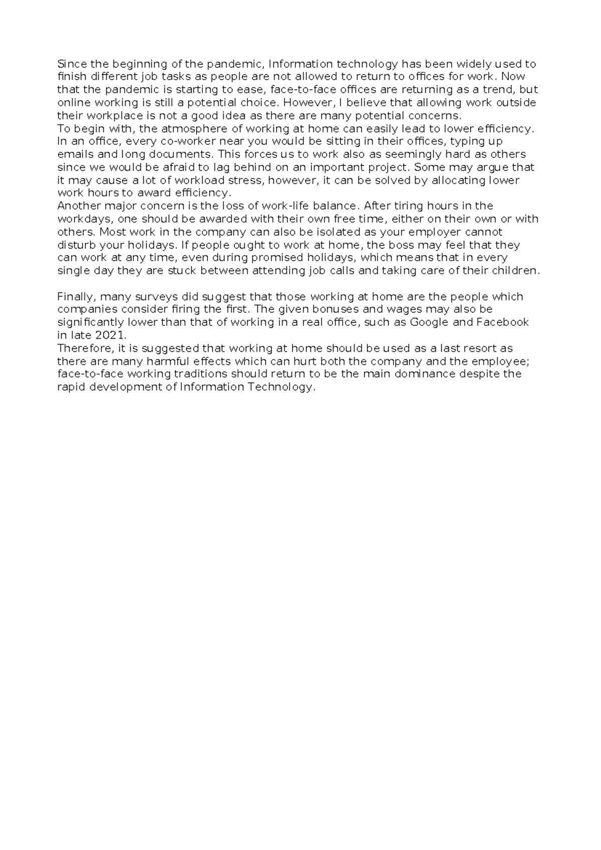 IELTS Argumentative Essay: The Case Against Remote Work - Studocu