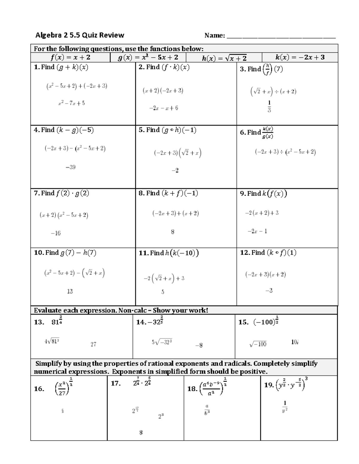 Algebra 2 5.5 Quiz Review - Functions and Rational Exponents - Studocu
