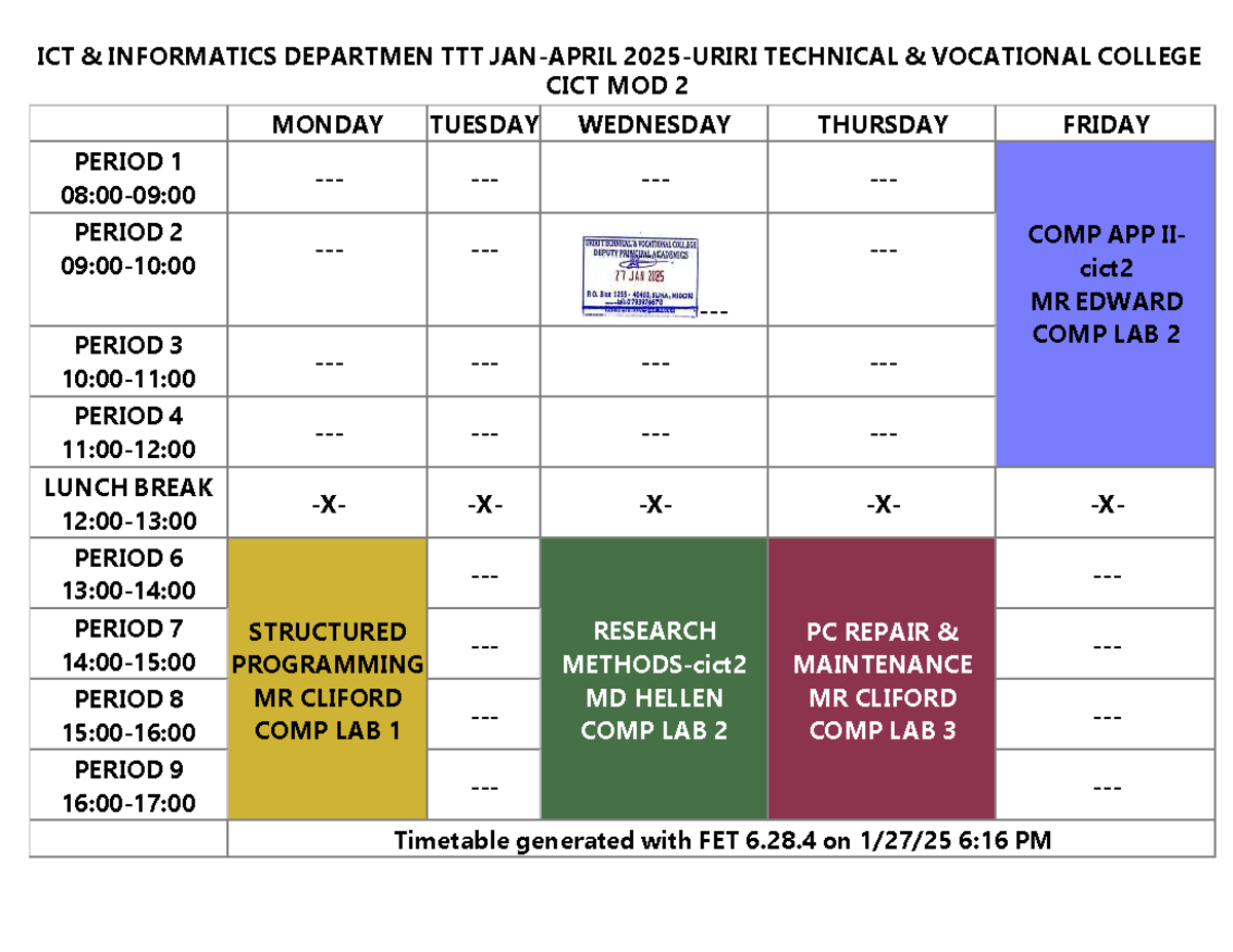 Weekly Class Schedule for ICT & Informatics (TTT-JAN-APR 2025) - Studocu