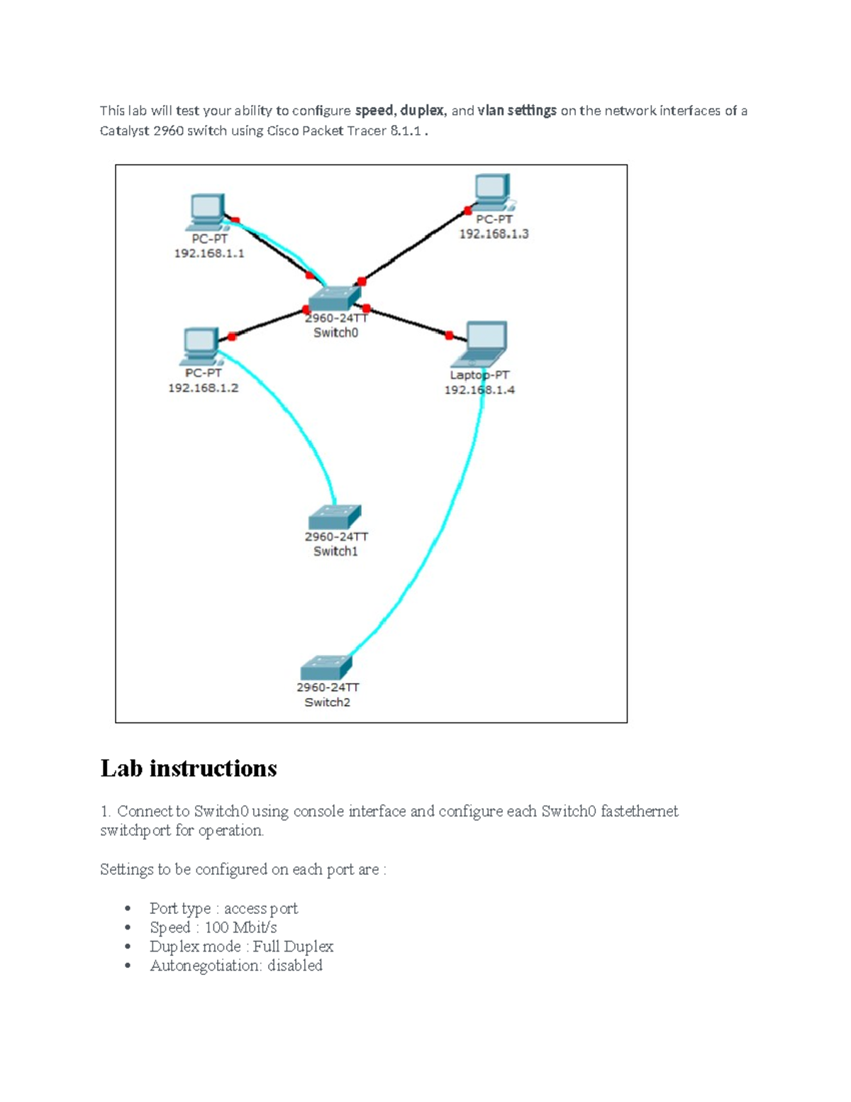 Packet Tracer Lab 2: Configuring Interfaces on Catalyst 2960 Switch - Studocu