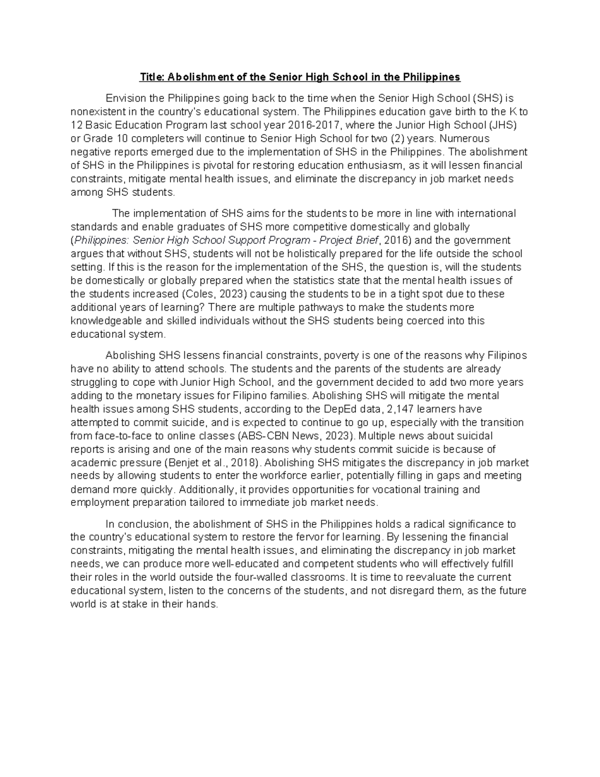Argumentative Essay: The Case for Abolishing SHS in the Philippines ...
