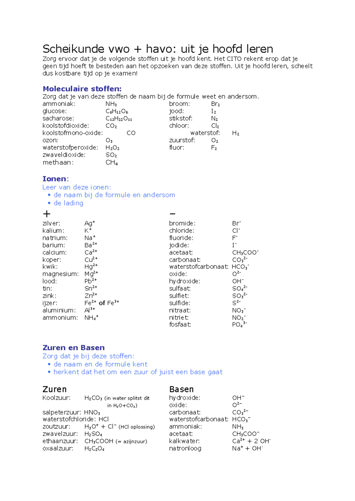 Scheikunde VWO/HAVO: Essentiële Stofnamen en Formules Leren - Studeersnel