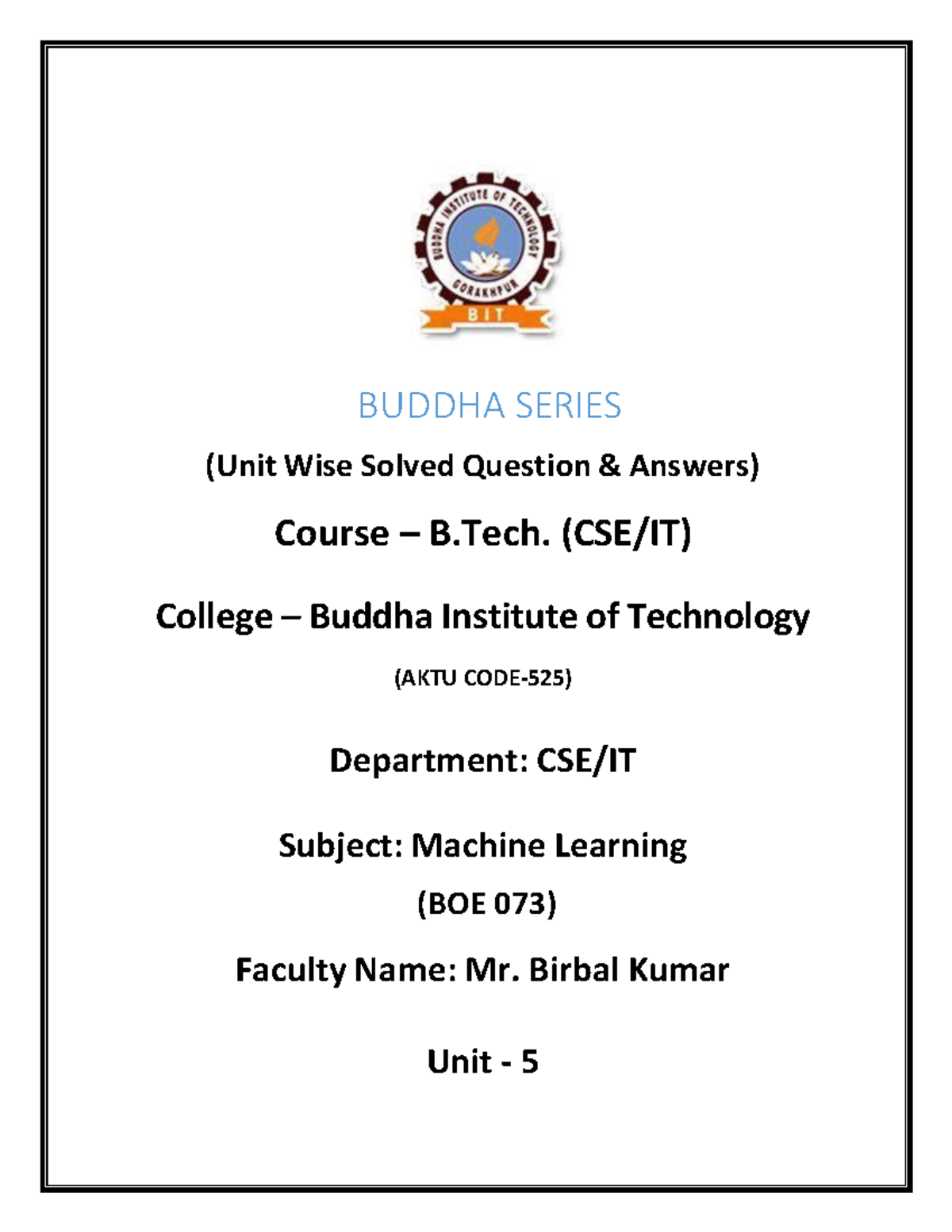 ML Buddha Series: Unit 5 Solved Q&A on Genetic Algorithms and RL - Studocu