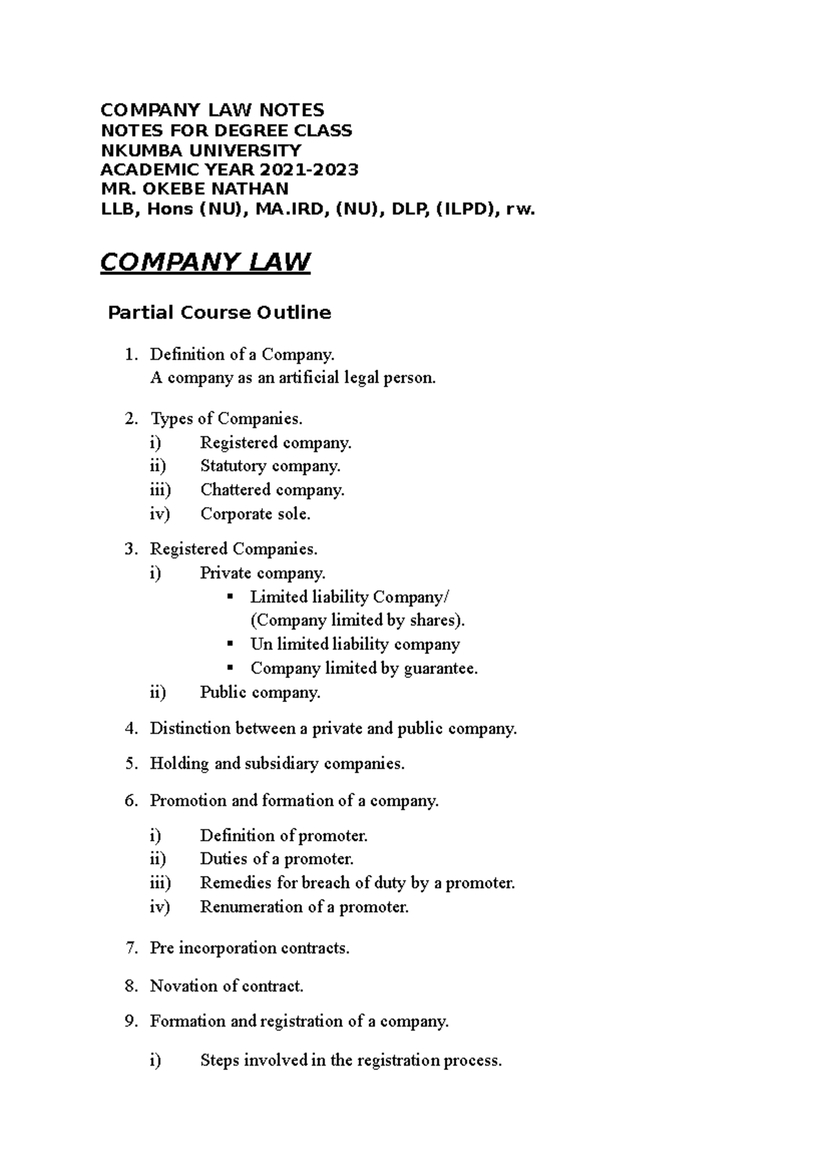 Company Law Notes (LLB 2021) - Comprehensive Study Guide - Studocu