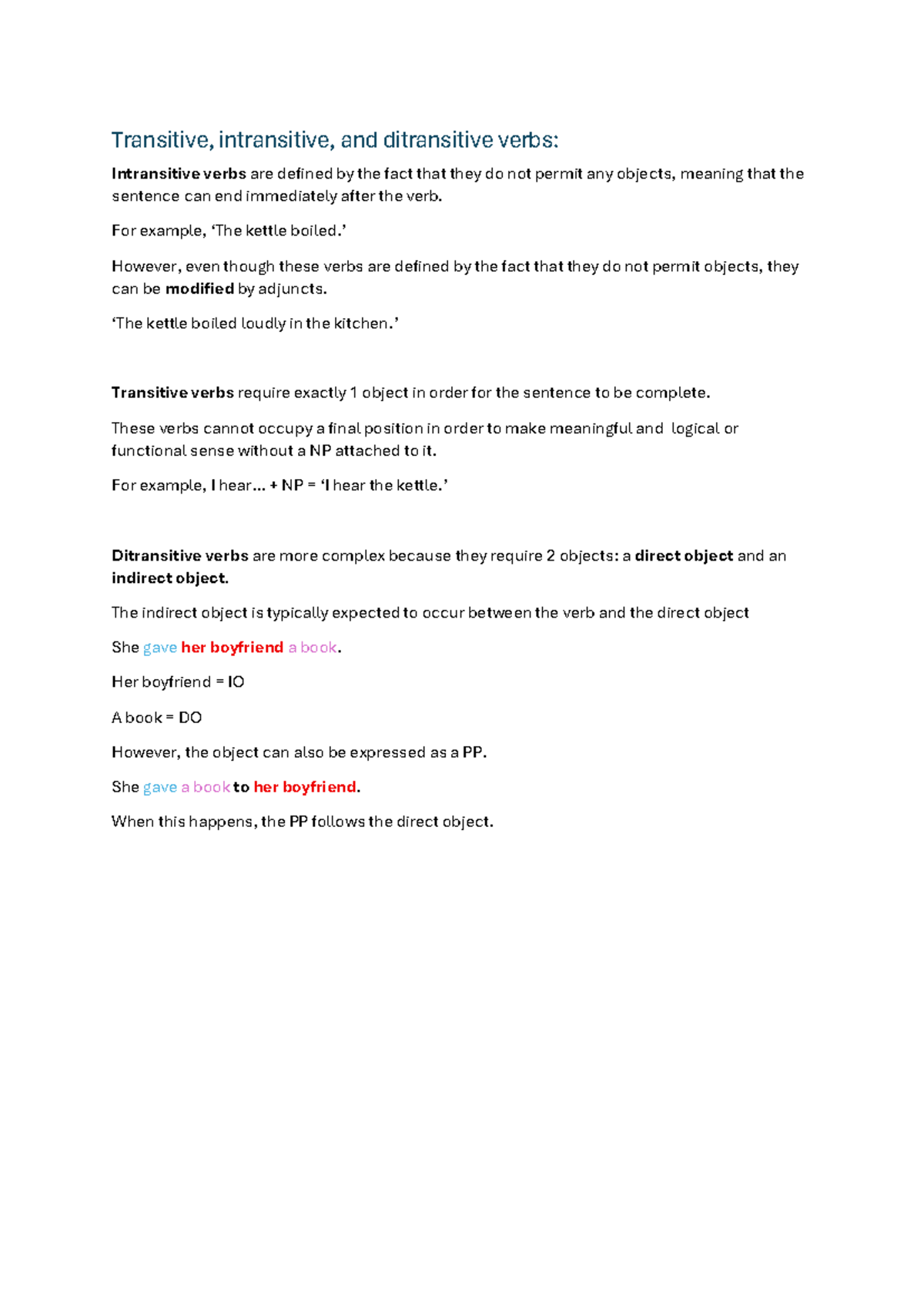 Notes on Transitive, Intransitive, and Ditransitive Verbs - Studocu