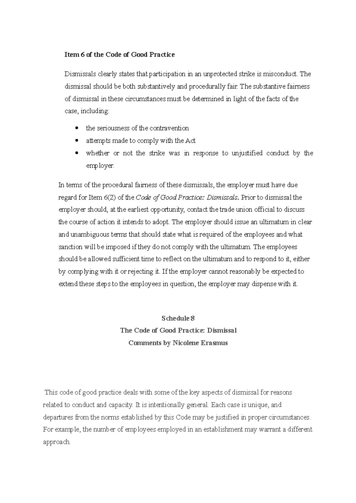 Code of Good Practice: Summary on Dismissals and Labour Relations - Studocu