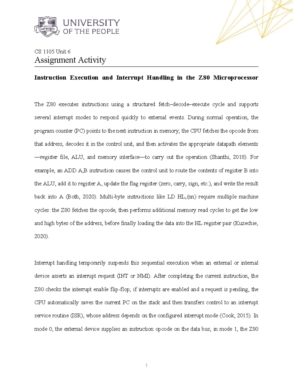 CS 1105 Unit 6 Assignment: Z80 Instruction Execution & Interrupts - Studocu
