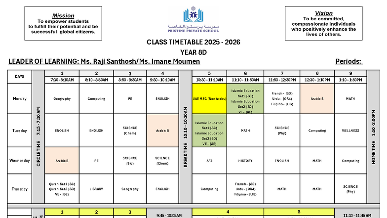 8D Year 8 Class Timetable 2025-2026 with Ms. Raji Imane Moumen - Studocu