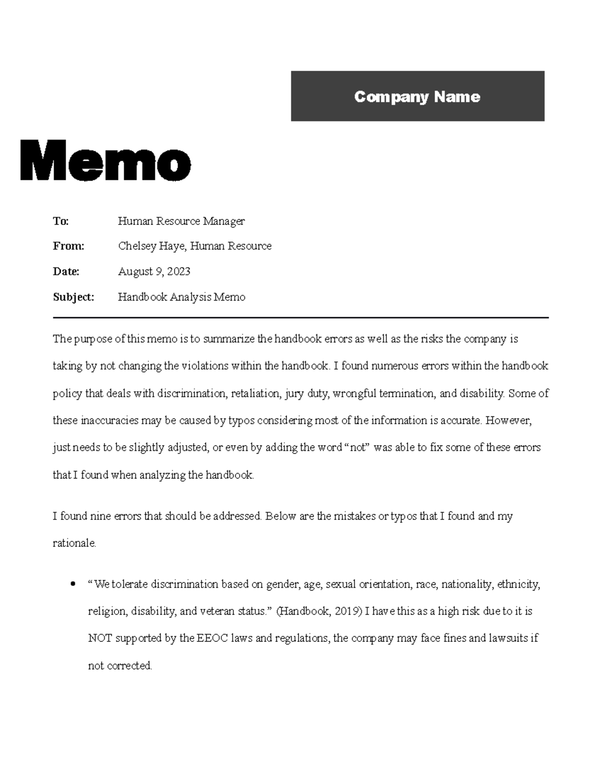 HRM 225 Memo: Handbook Analysis & Identified Risks in Policies - Studocu
