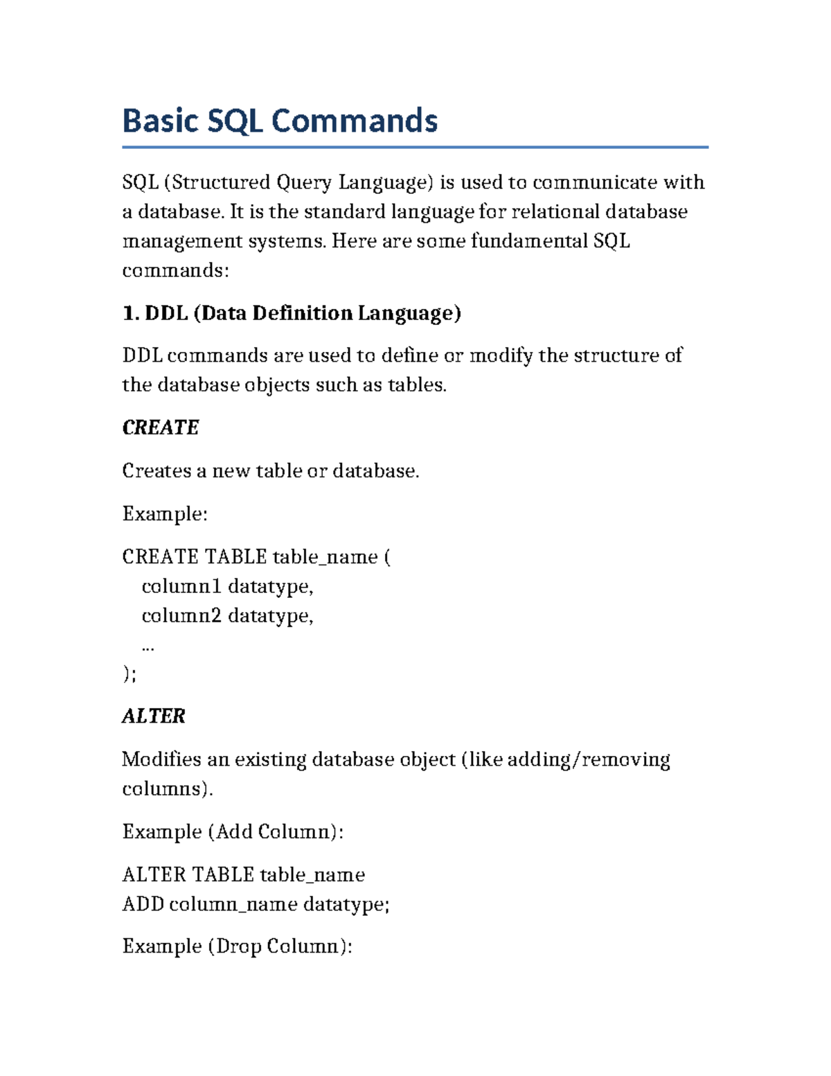 Basic SQL Commands Overview for Database Management - Studocu