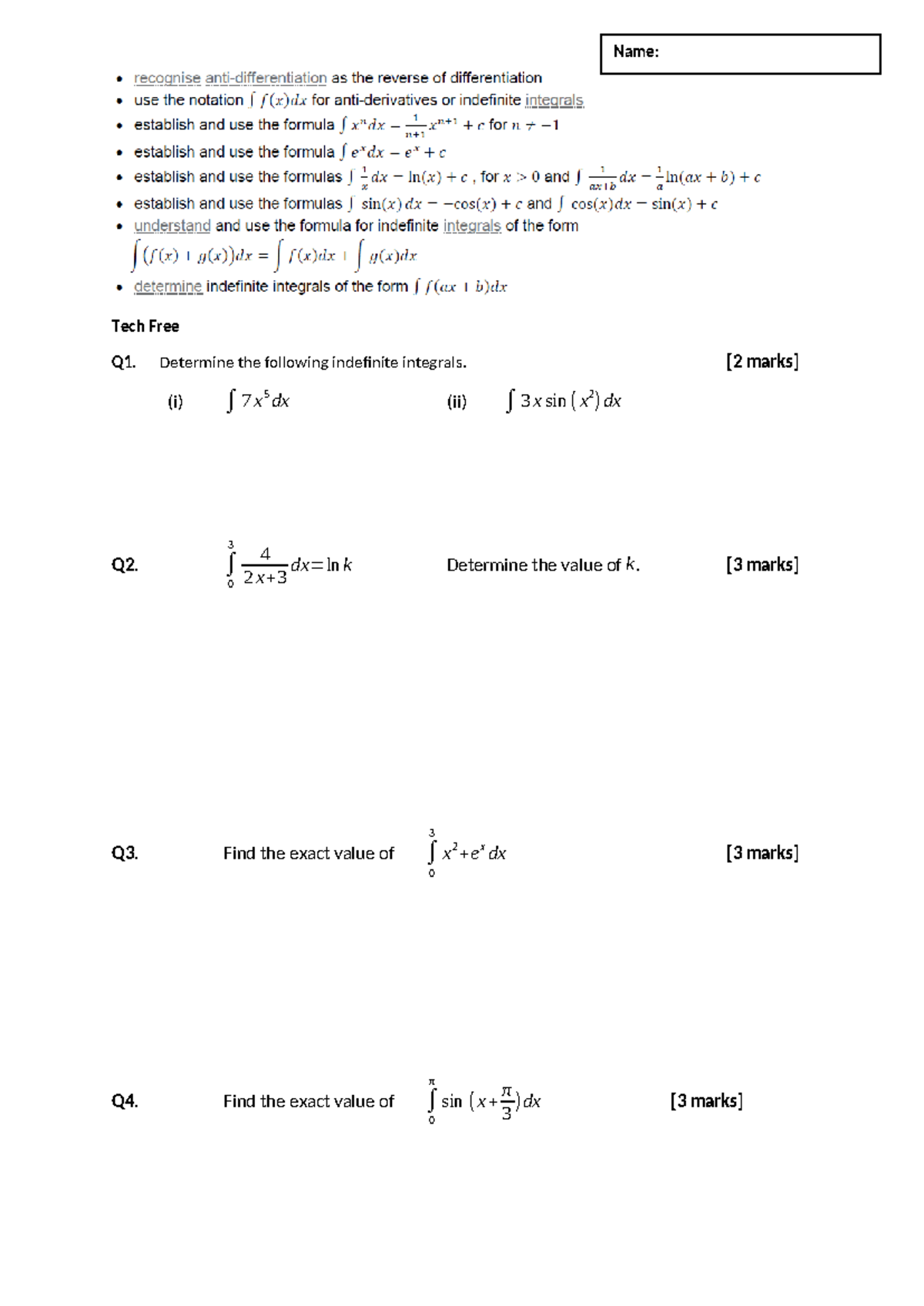 Integration Review Week 9 2025: Indefinite Integrals & Values - Studocu