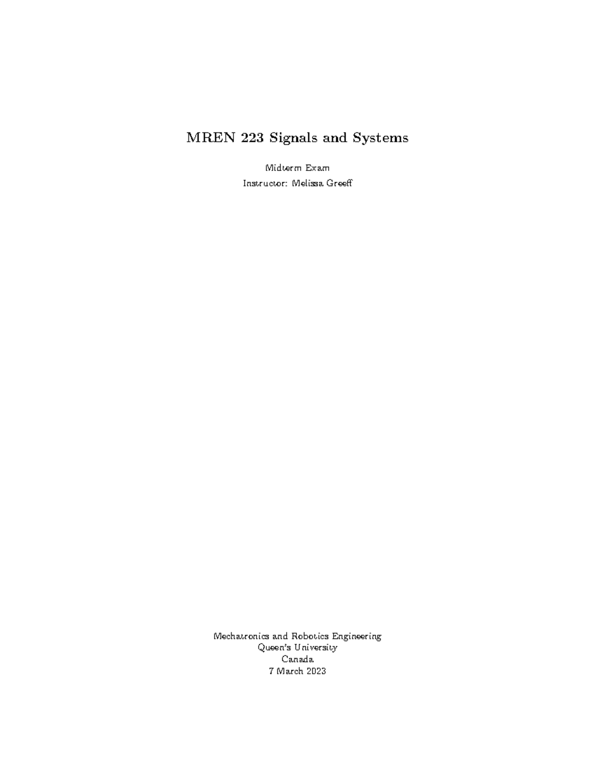MREN 223 Signals and Systems Midterm Exam Solutions - 2023 - Studocu
