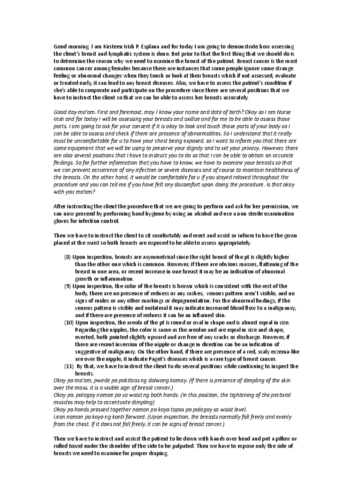 Breast Examination Script: Nursing Procedures & Protocols - Studocu