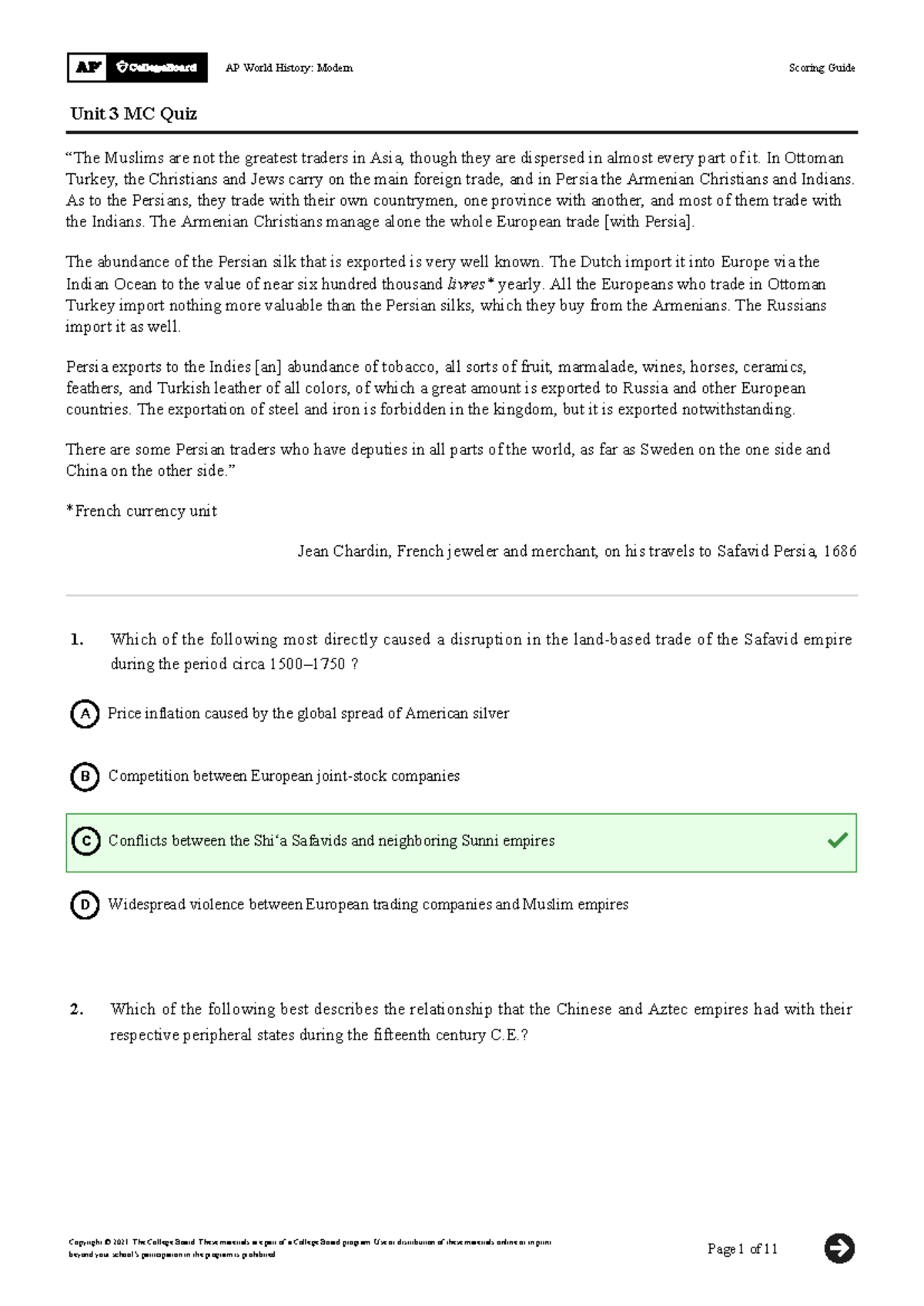 AP World History: Modern Unit 3 MC Quiz Scoring Guide - Studocu
