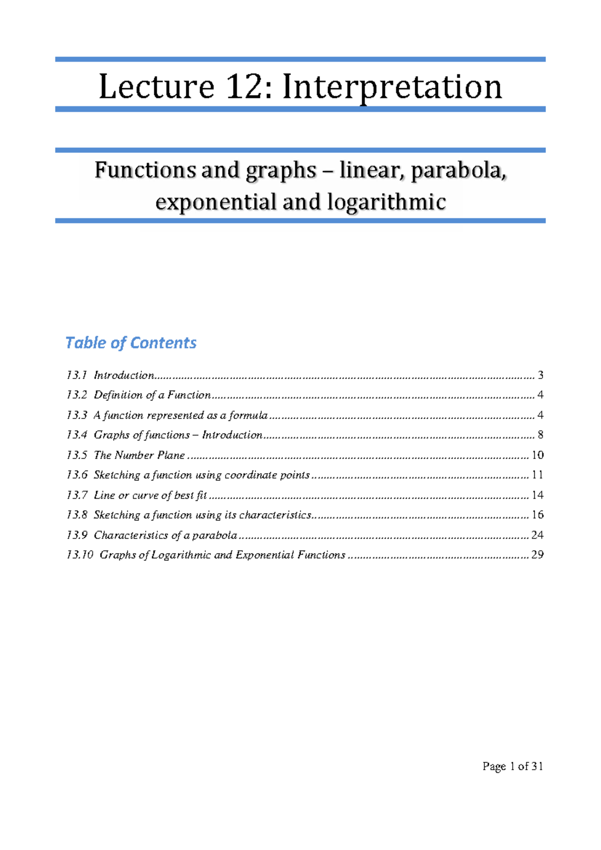 Lecture 12: Functions & Graphs - Linear, Parabola, Exponential ...
