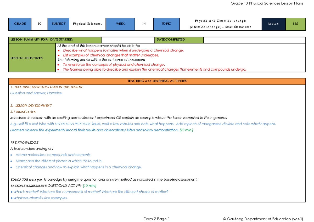 Grade 10 Physical Sciences Lesson Plans: Physical & Chemical Changes ...