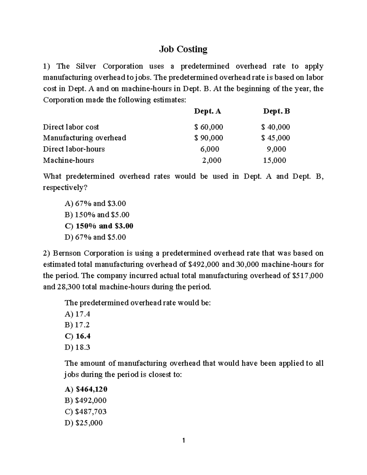 Job Costing Practice Problems Cost Accounting 101 Studocu