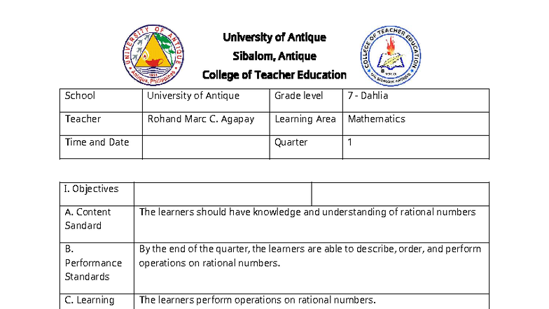 Grade 7 Math Lesson Plan: Dividing Rational Numbers (Quarter 1) - Studocu