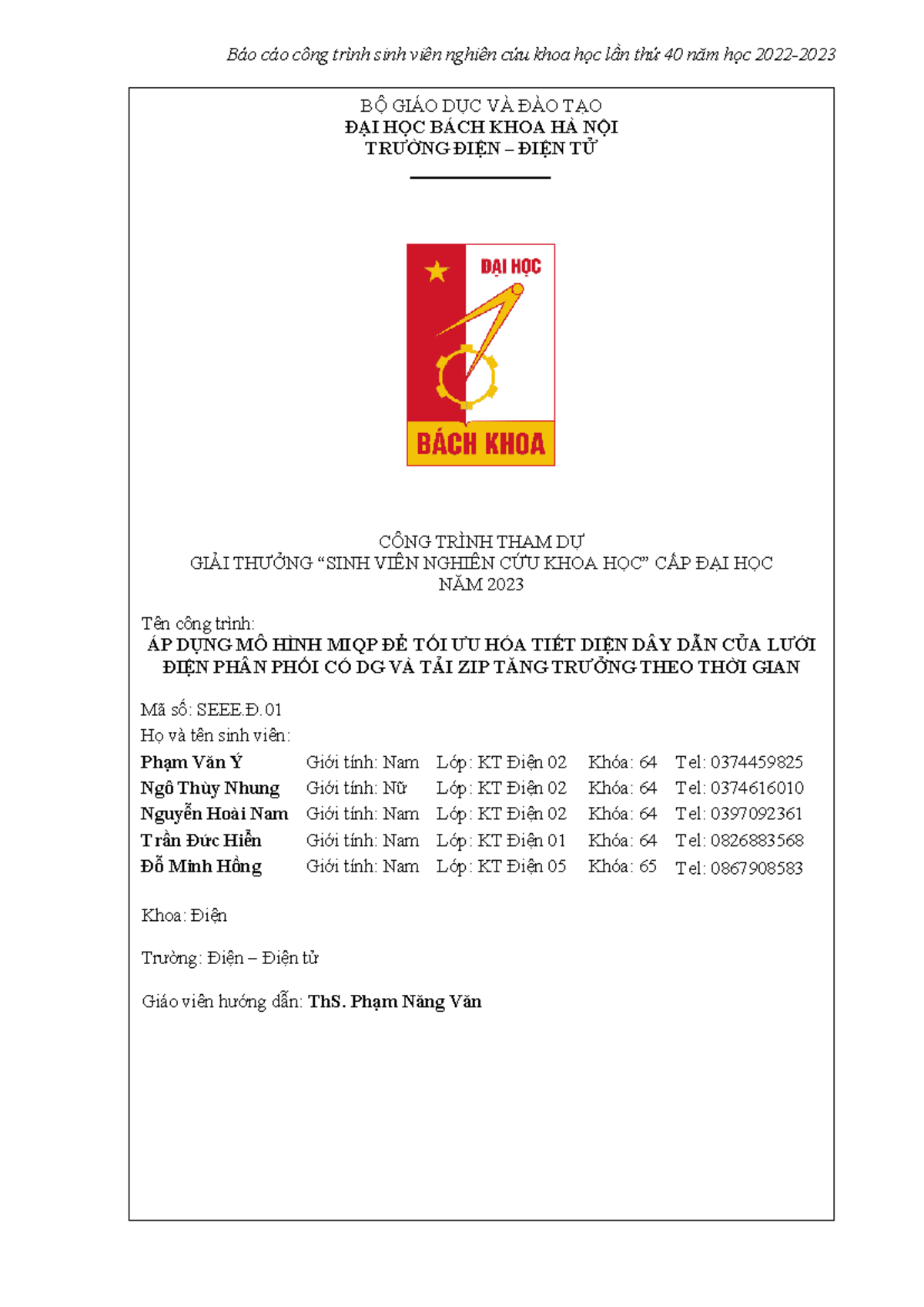 Báo cáo công trình sinh viên nghiên cứu khoa học lần thứ 40: Tối ưu hóa ...