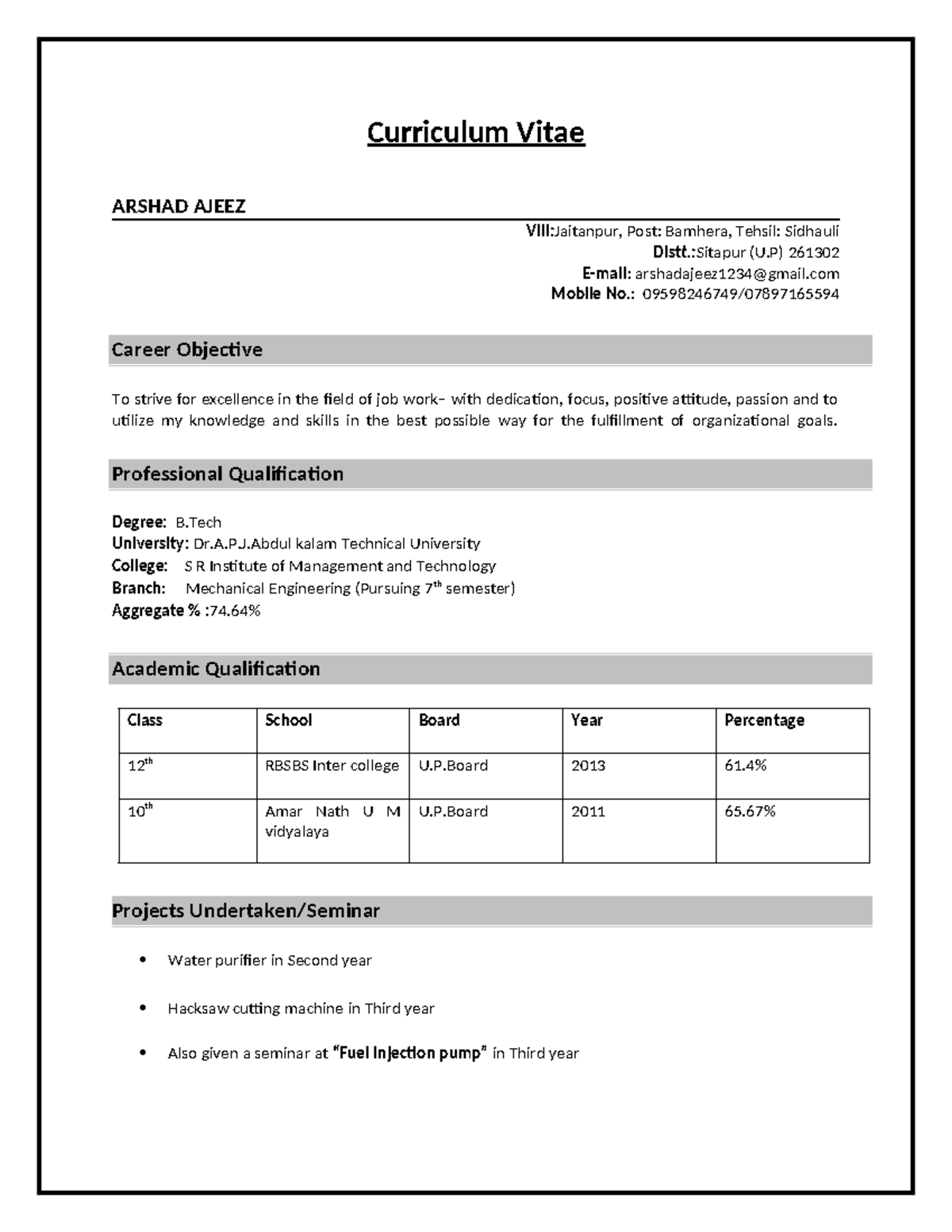 Arshad Ajeez - Good for college - Curriculum Vitae ARSHAD AJEEZ Vill ...