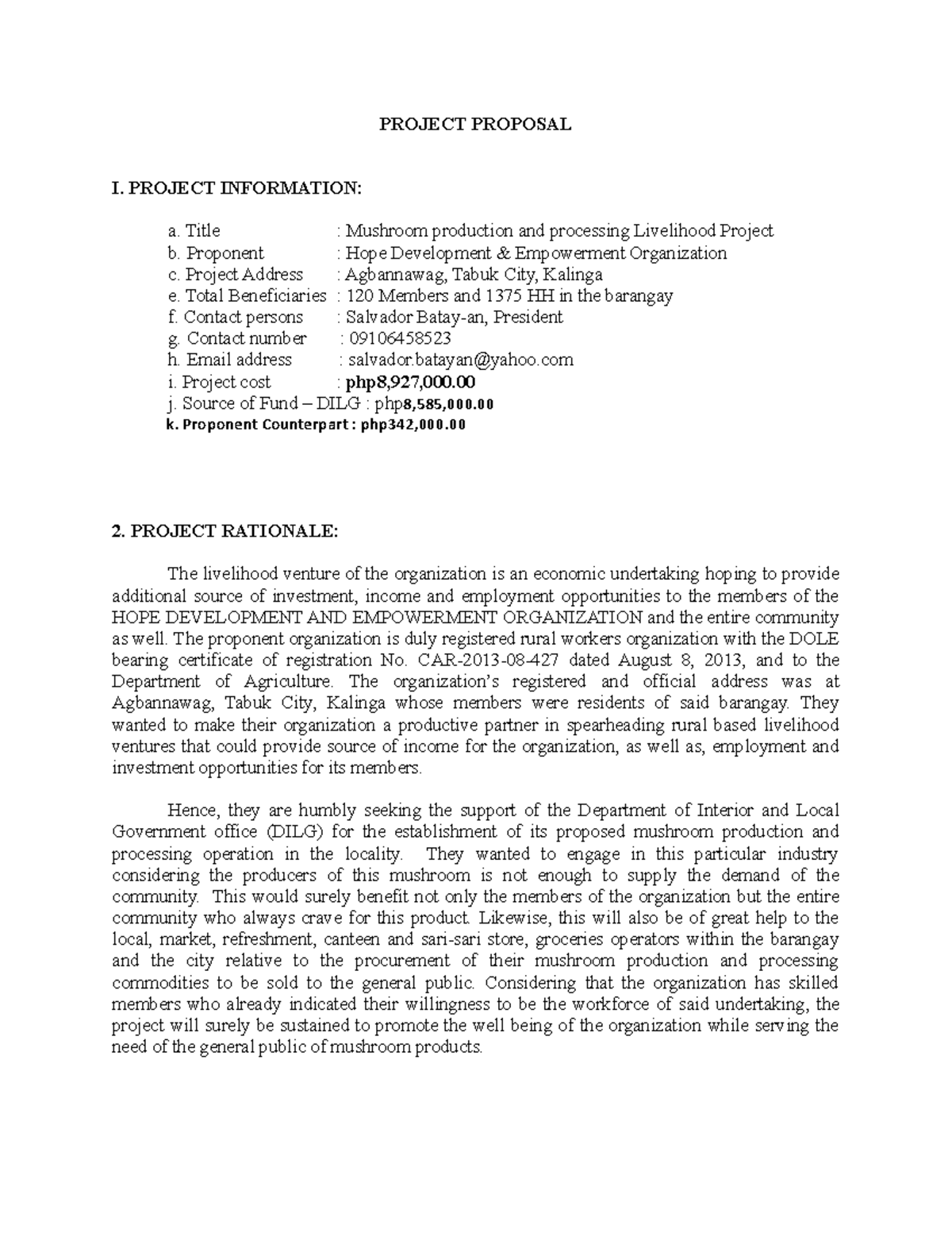 Mushroom Project Proposal-3 - PROJECT PROPOSAL I. PROJECT INFORMATION ...