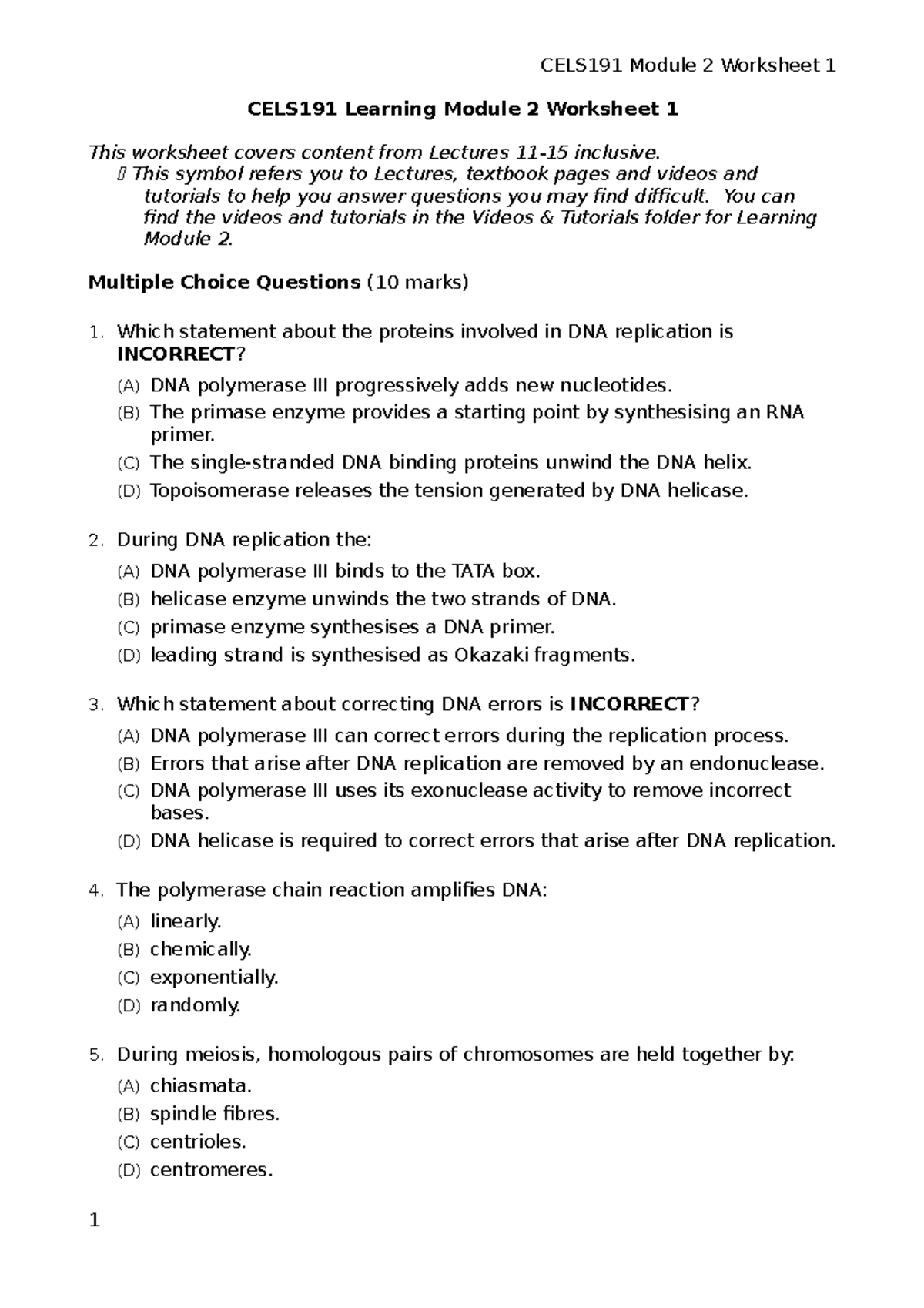 CELS191 Learning Module 2 Worksheet - DNA Replication & Meiosis - Studocu