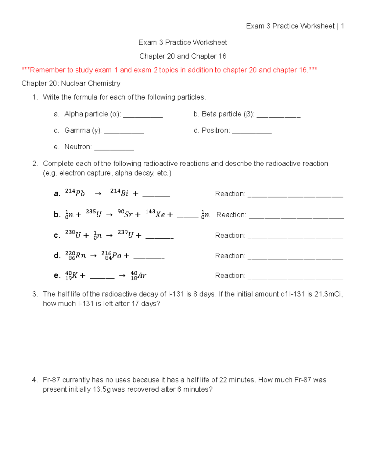 Exam 3 Practice Worksheet: Nuclear Chemistry & Acid-Base Theory - Studocu