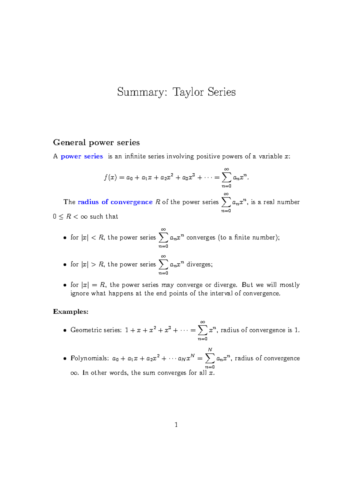 Taylor Polynomial Summary - Summary: Taylor Series General power series ...
