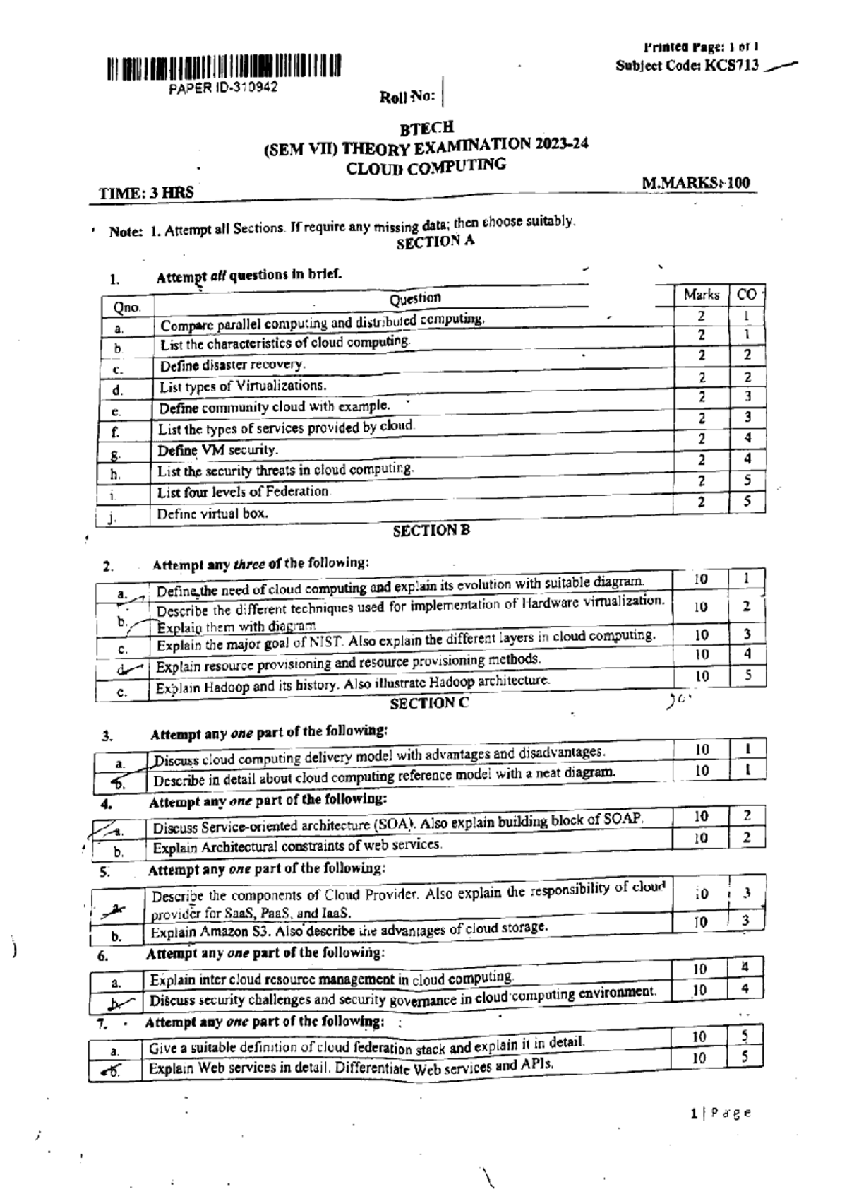 Cloud Computing PYQ 1 - BTECH (SEM VII) Theory Exam Notes - Studocu