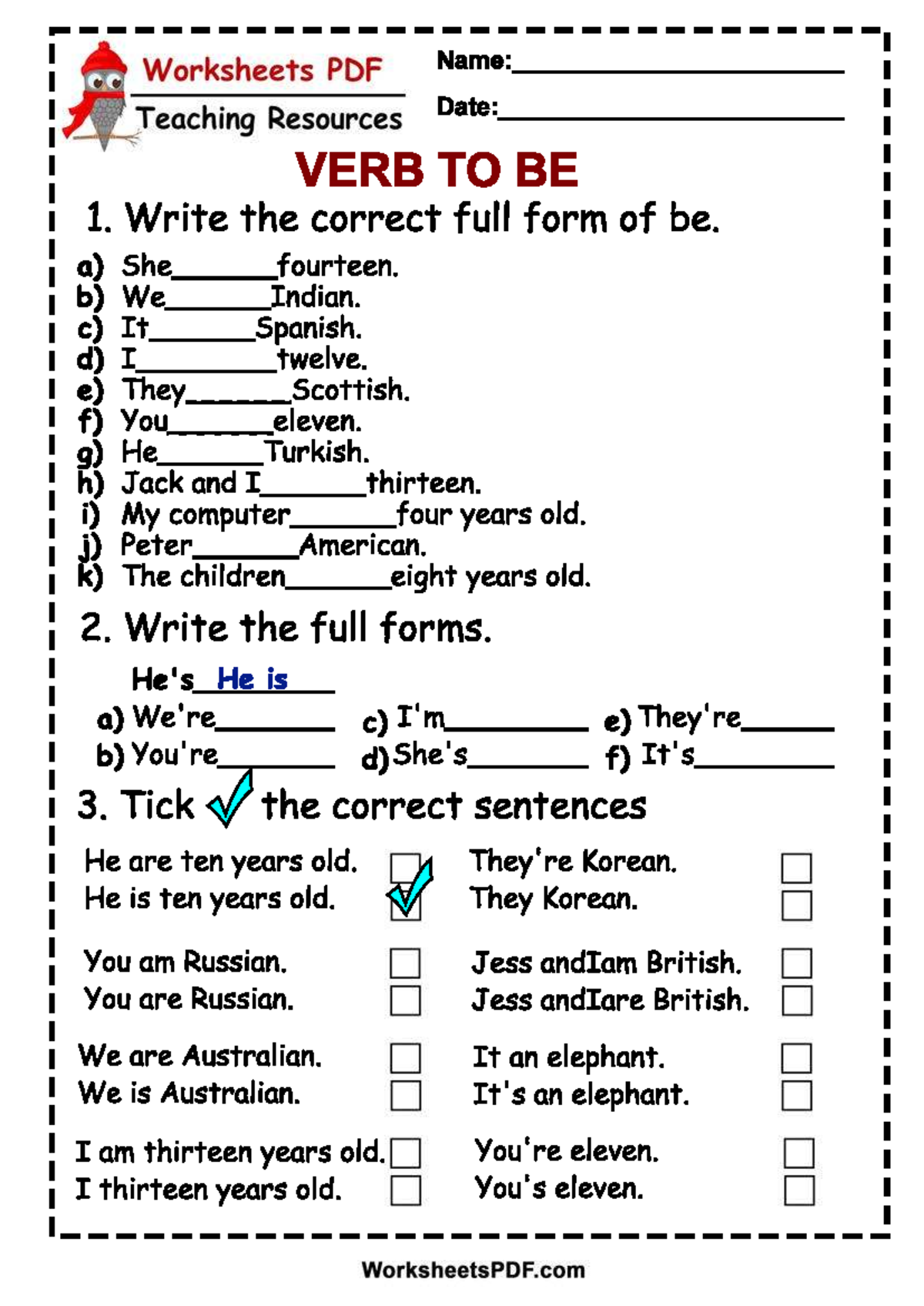 VERB TO BE - Worksheet for Full Forms and Sentences - Studocu