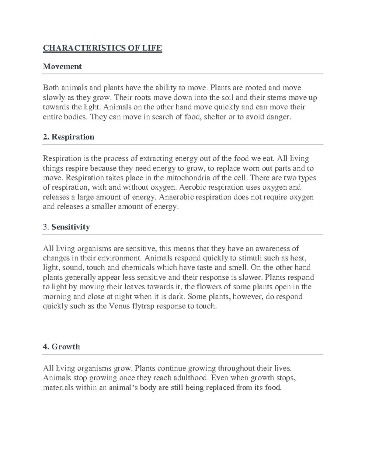 Biology BGCSE Study Notes: Characteristics of Life and Cell Biology ...
