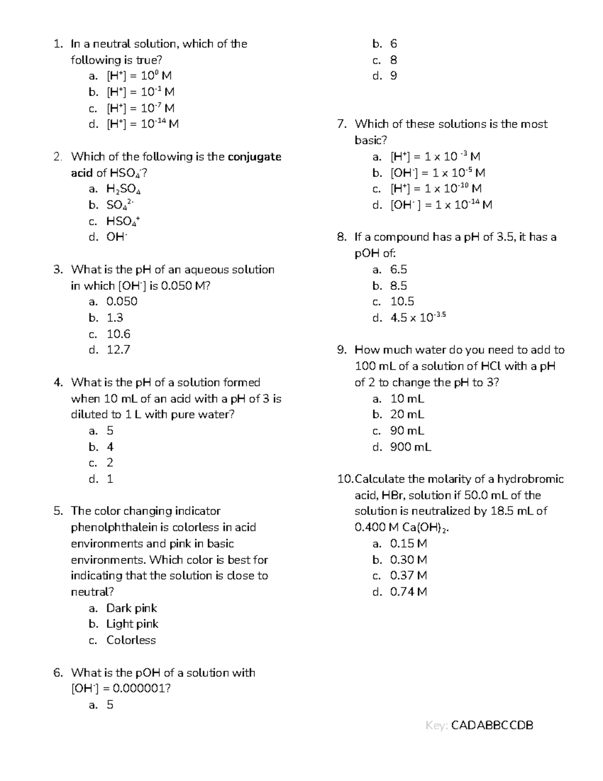 Chemistry Quiz: pH, pOH, and Acid-Base Calculations - In a neutral ...
