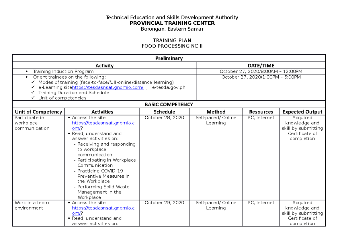Training Plan for Food Processing NC II: Detailed Competency Schedule ...