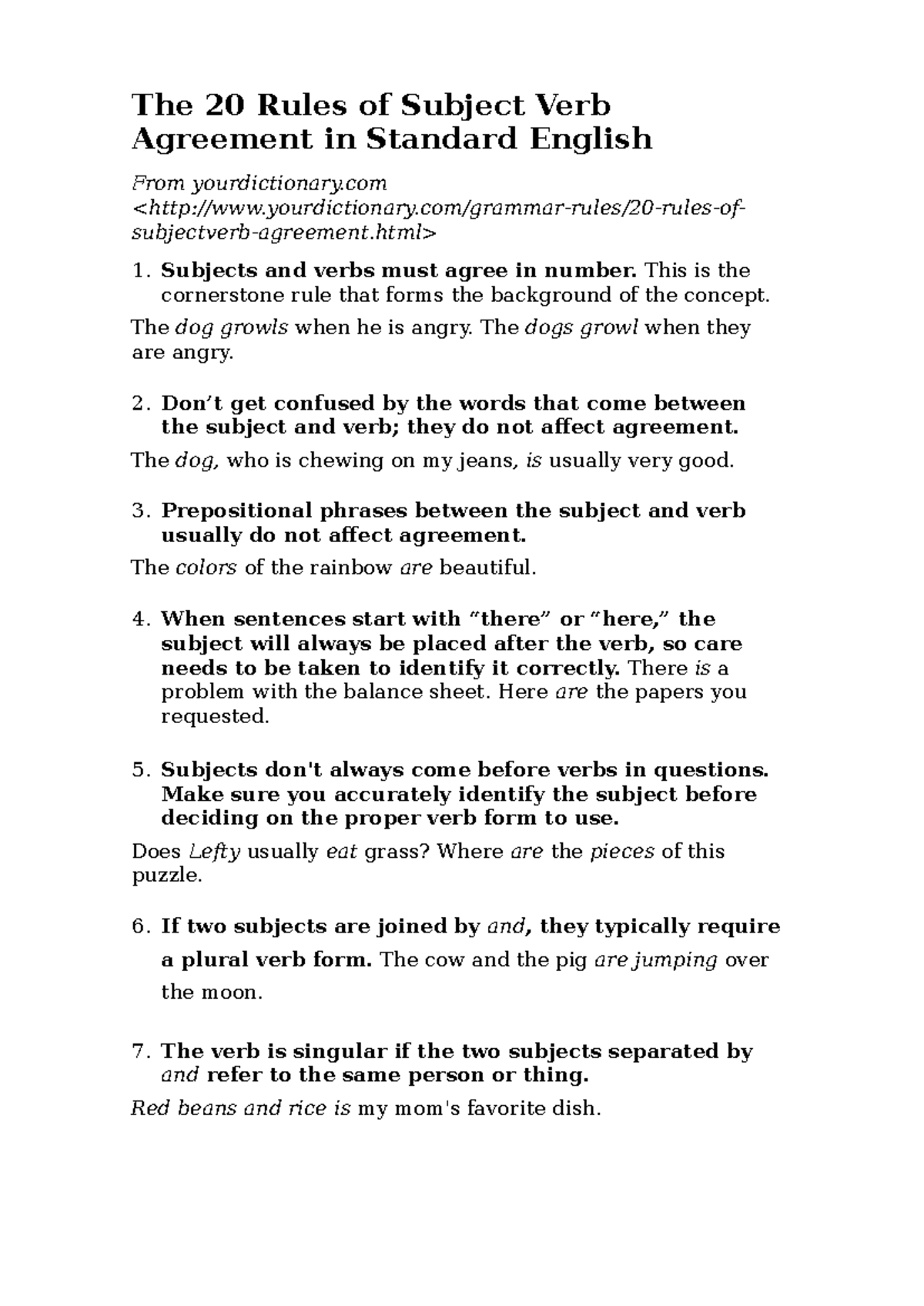 20 Rules of Subject-Verb Agreement in Standard English - Studocu