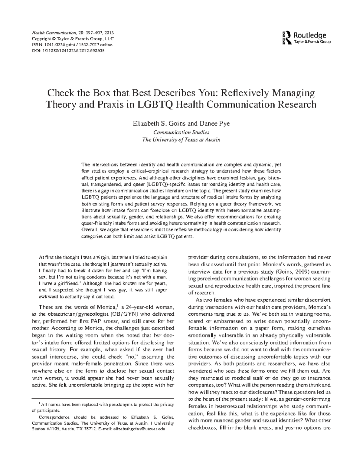 Reflexive LGBTQ Health Communication: Rethinking Intake Forms (COM 28 ...