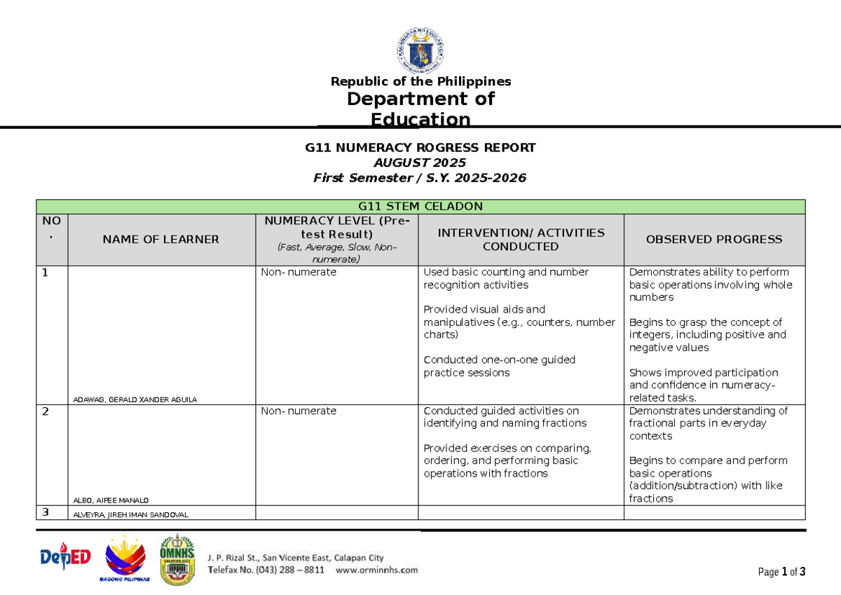G11 Numeracy Progress Report - First Semester S.Y. 2025 - Studocu