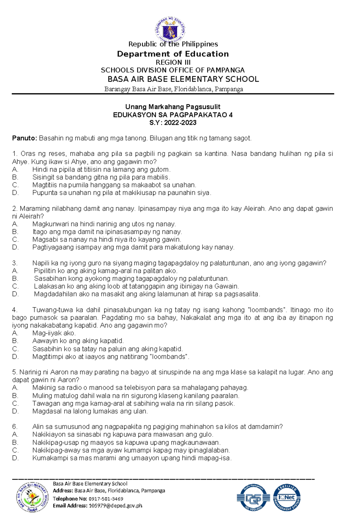 1ST Periodical Test in Edukasyon sa Pagpapakatao 4 (ESP 4) - Studocu