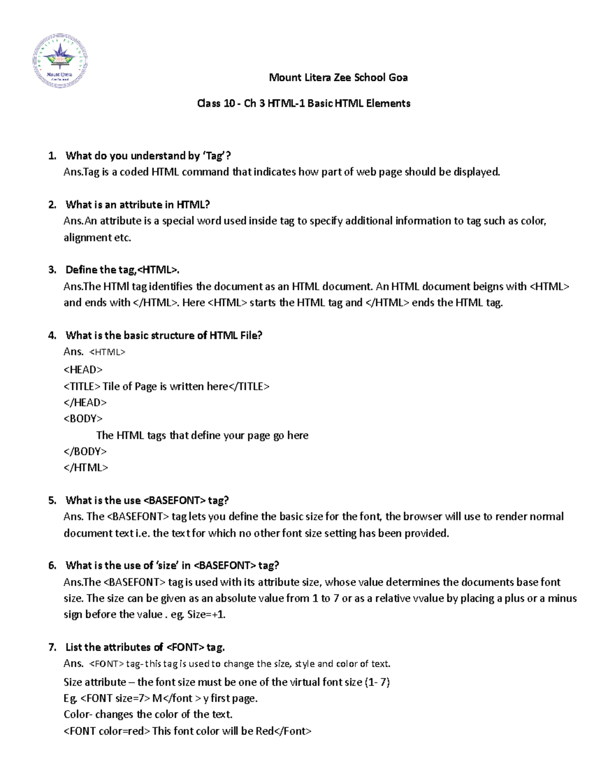 Class 10 CH 3 HTML-1 Basic HTML Elements Q&A Notes - Studocu