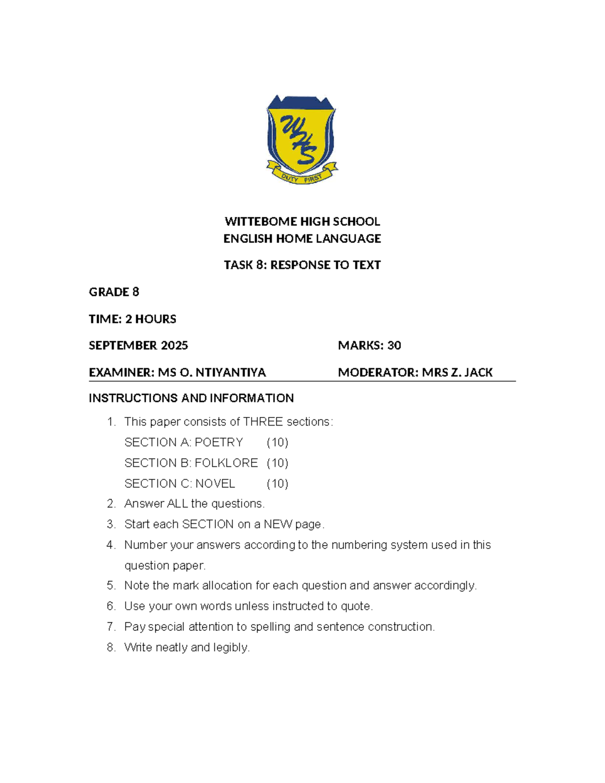 Grade 8 English Literature Test: Response to Text Task 8 - Studocu