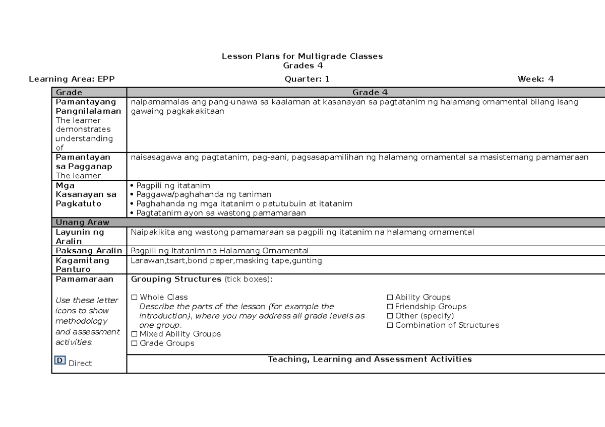 EPP4 Q1 W4 - Lesson Plans for Multigrade Classes in Education - Studocu