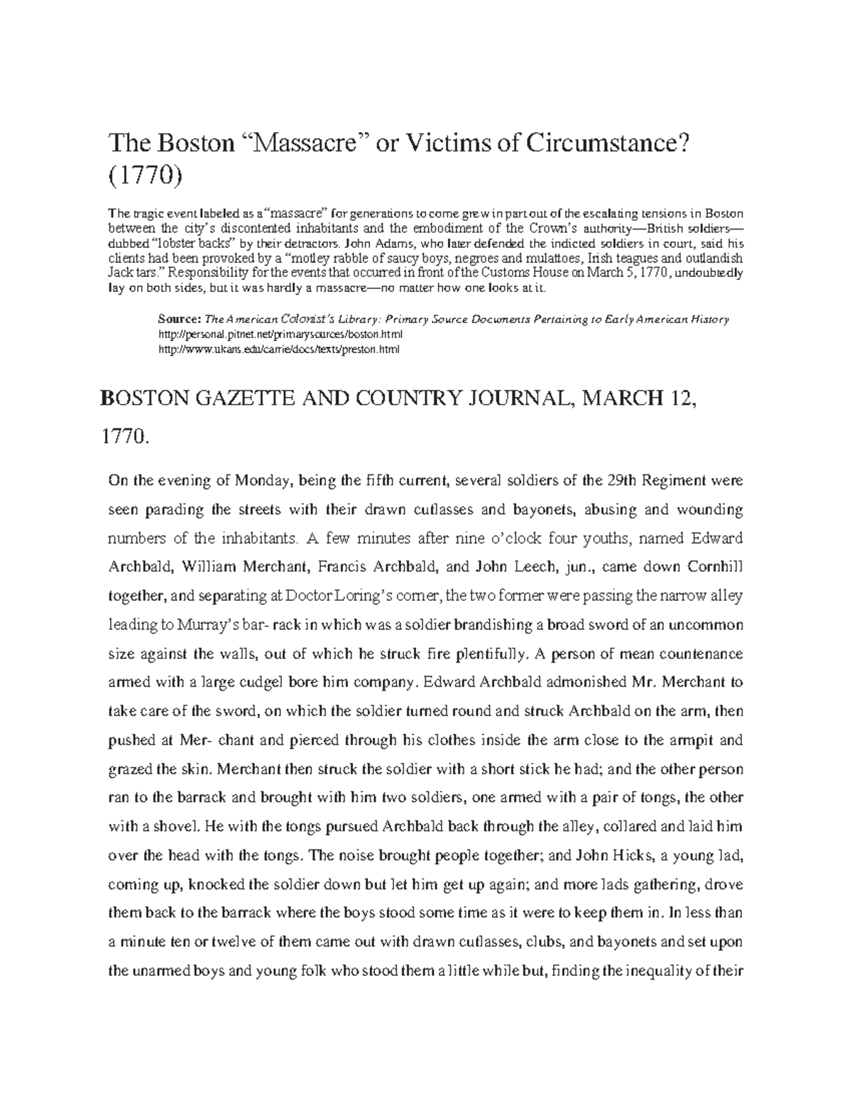 Captain Thomas Preston's Account: The Boston Massacre (1770) - Studocu