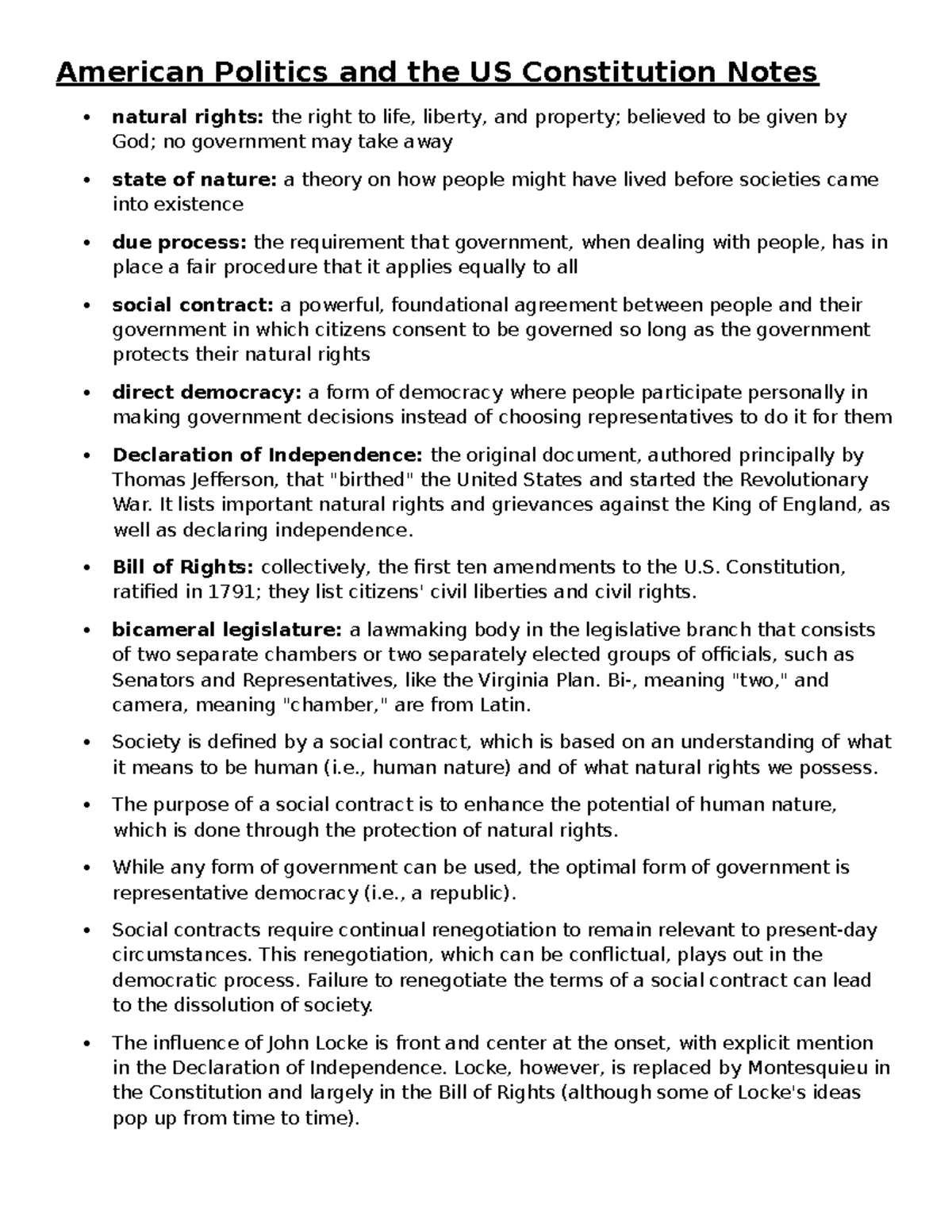 AP US Constitution Lecture Notes: Rights, Government, and Power ...