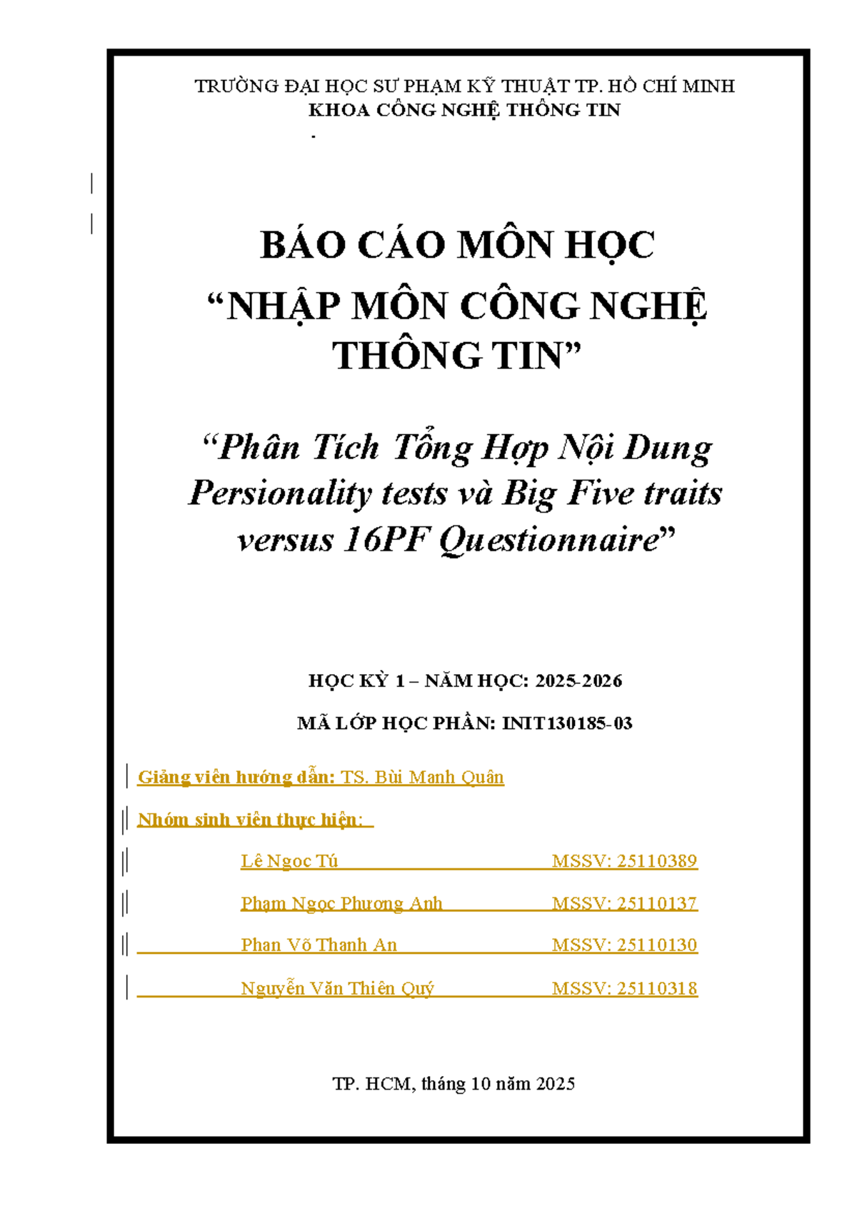 Báo cáo Môn Công Nghệ Thông Tin: So Sánh Big Five và 16PF (INIT130185 ...