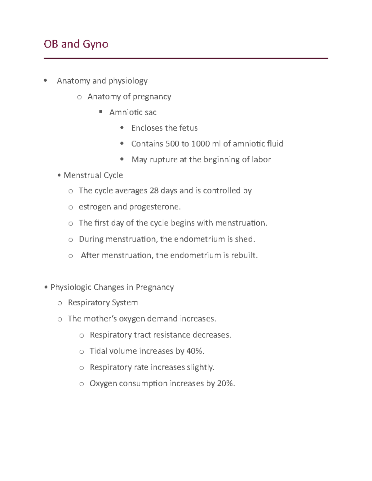 Notes - OB and Gyno emergencies - OB and Gyno Anatomy and physiology o ...