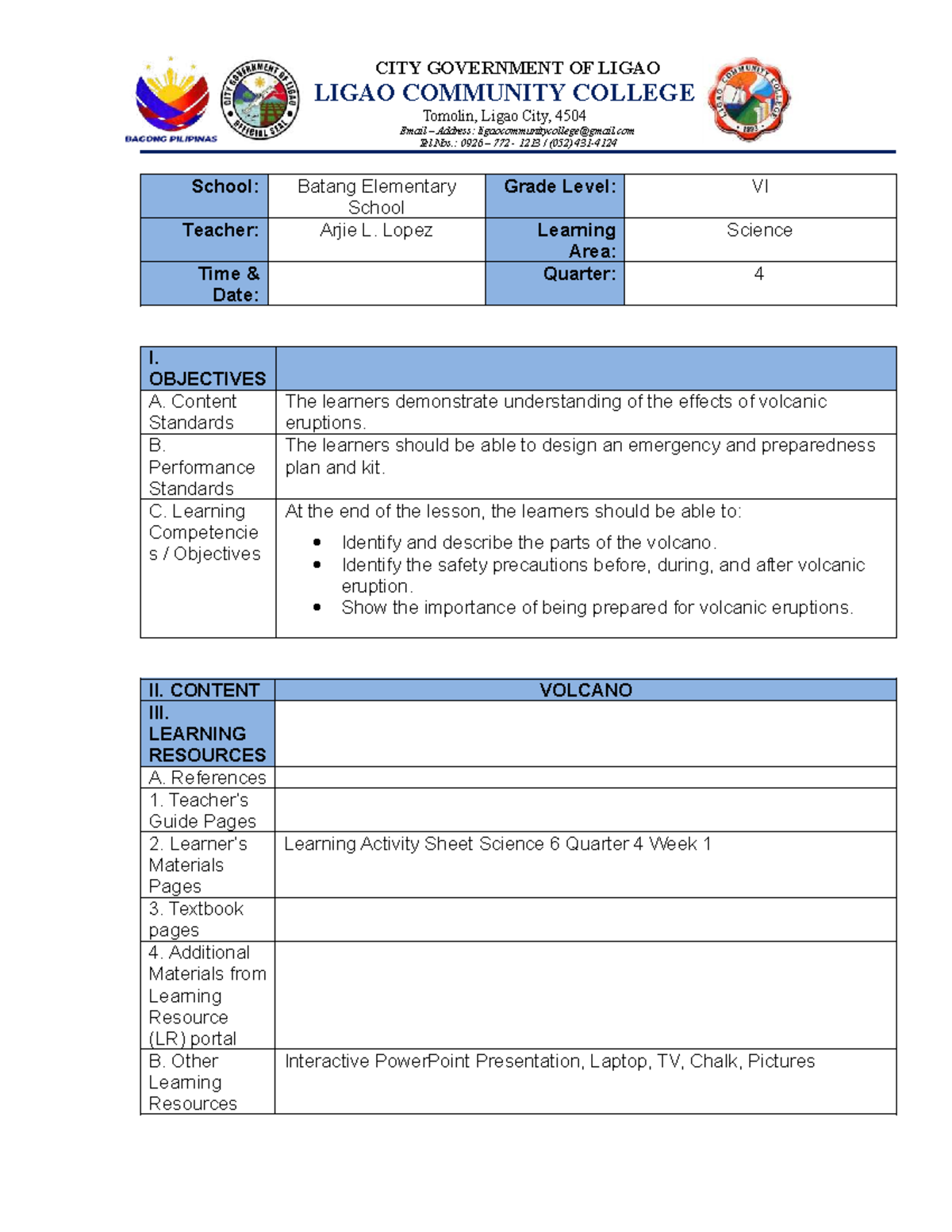 LP Volcanoes - Lesson Plan for VI Science 4 - Studocu