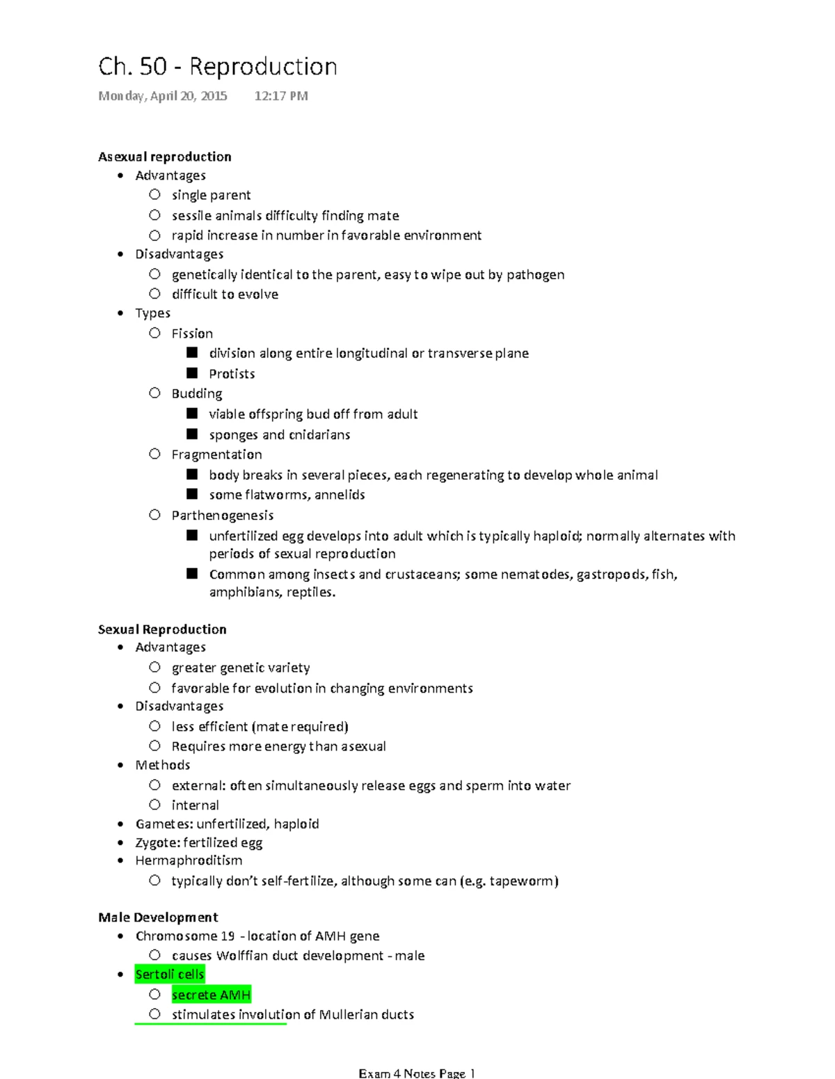 Reproduction, Fertilization & Development: BIO 101 Lecture Notes - Studocu
